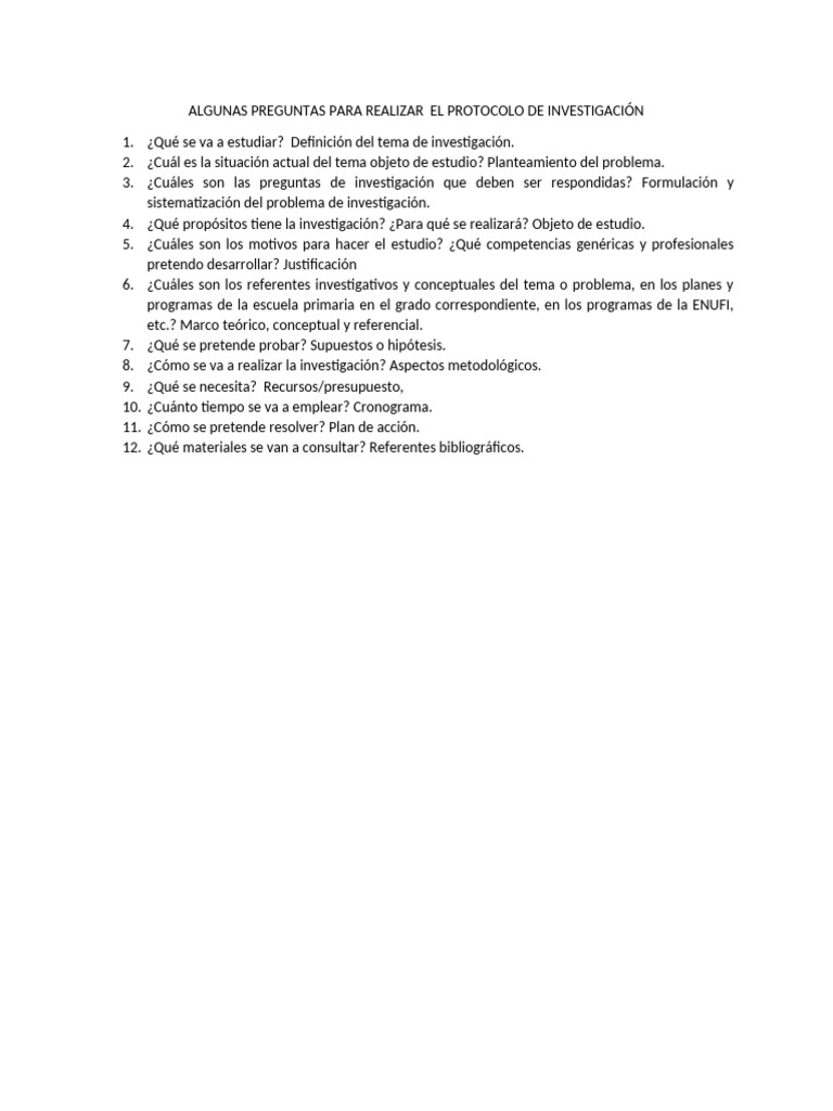 ALGUNAS PREGUNTAS PARA REALIZAR EL PROTOCOLO DE INVESTIGACIÓN-1 | PDF
