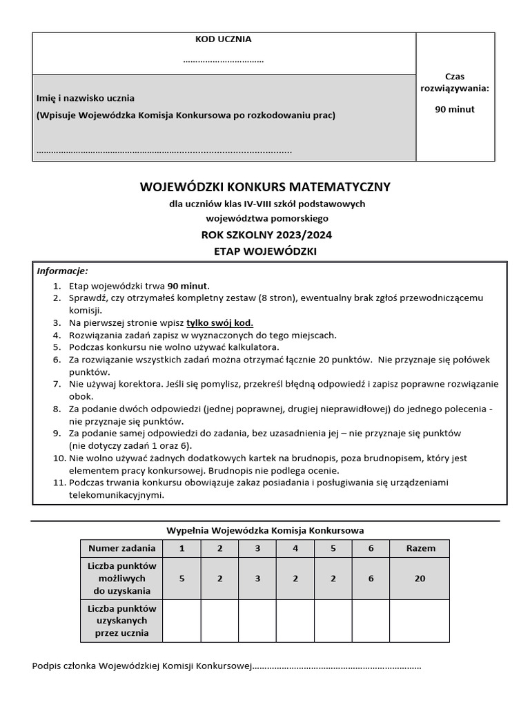 Arkusz Zadan Z Matematyki Stopien III Wojewodzki 2023 2024 | PDF