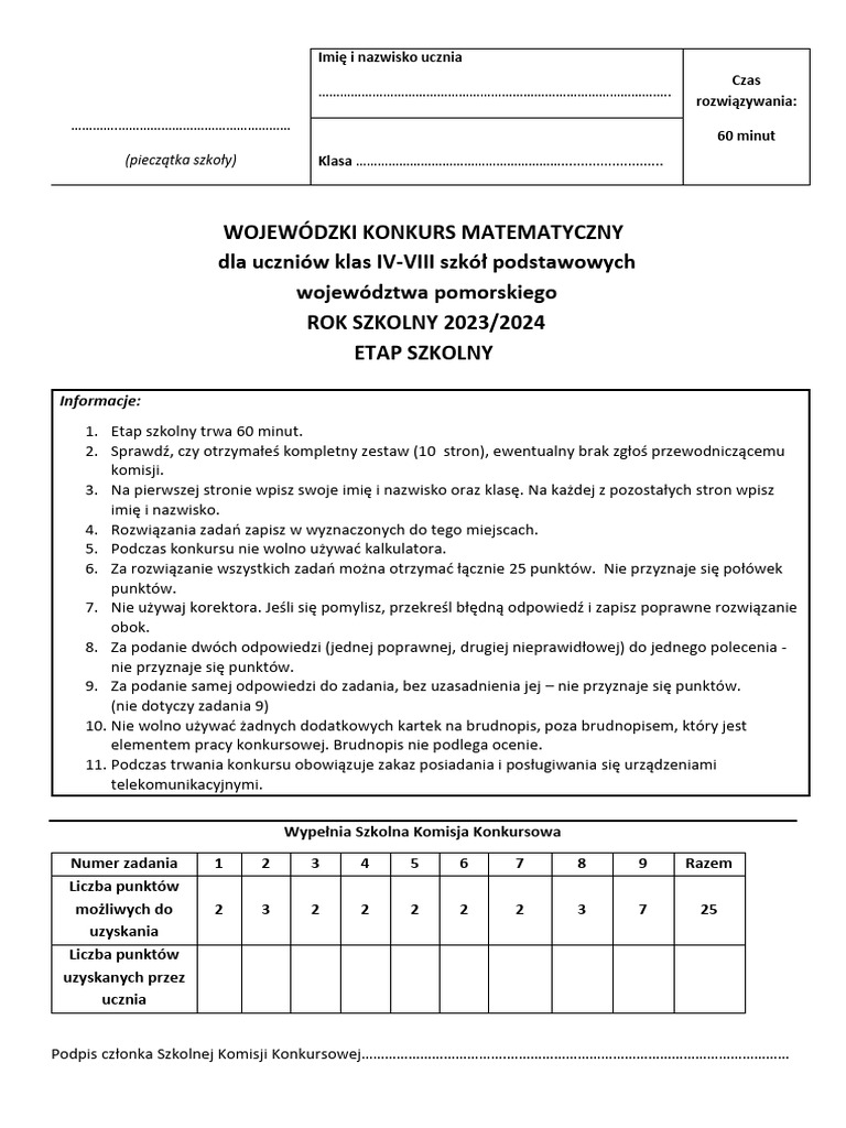 Arkusz Zadan z Matematyki Stopien i Szkolny 2023 2024.Jpg | PDF