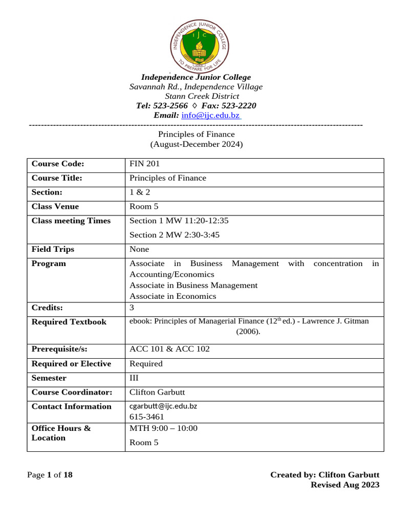 FIN 201 Aug 2024 Course Outline | PDF
