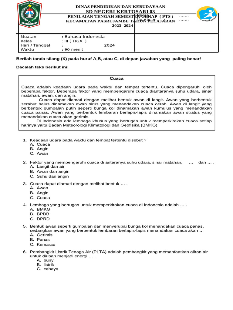 Soal Pts B. Indonesia Kelas 3 | PDF