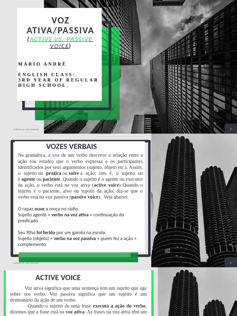 VOZ ATIVA E PASSIVA - ACTIVE-PASSIVE VOICE slide 3° ano | PDF