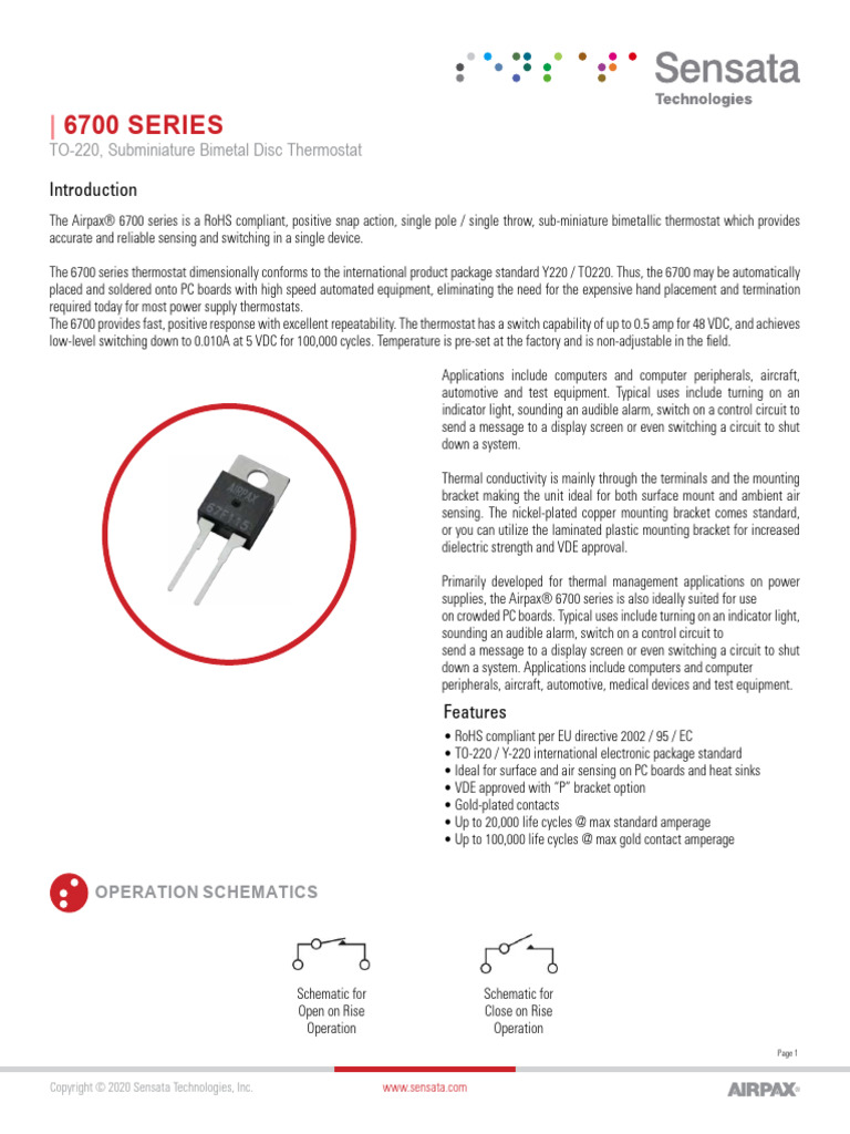 Sensata 6700 Series Subminiature Bimetal Disc Thermostats Datasheet | PDF