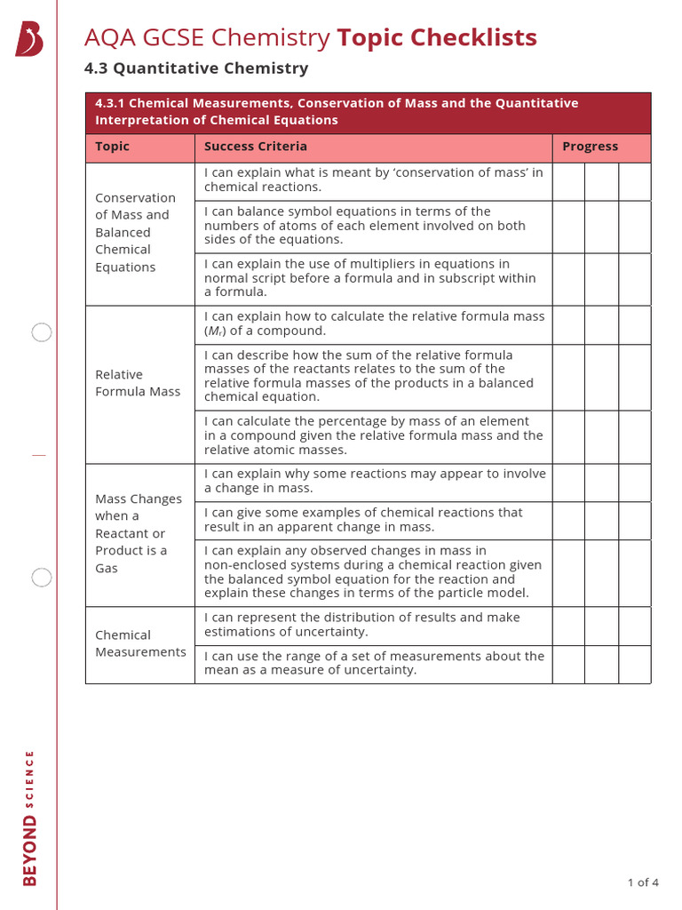 AQA GCSE Chemistry Topic Checklists 4.3 Quantitative Chemistry | PDF