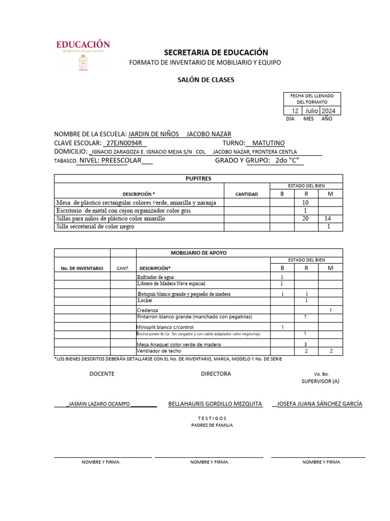 INVENTARIO SALON DE CLASES_ 2C 2024 JAS_ORIG | PDF
