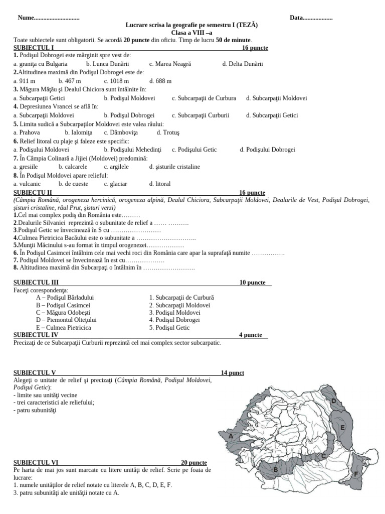 Test Clasa A Viiia Dealuri Si Podisuri | PDF