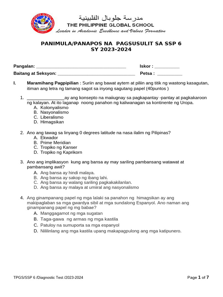 Diagnostic Test SSP 6 | PDF