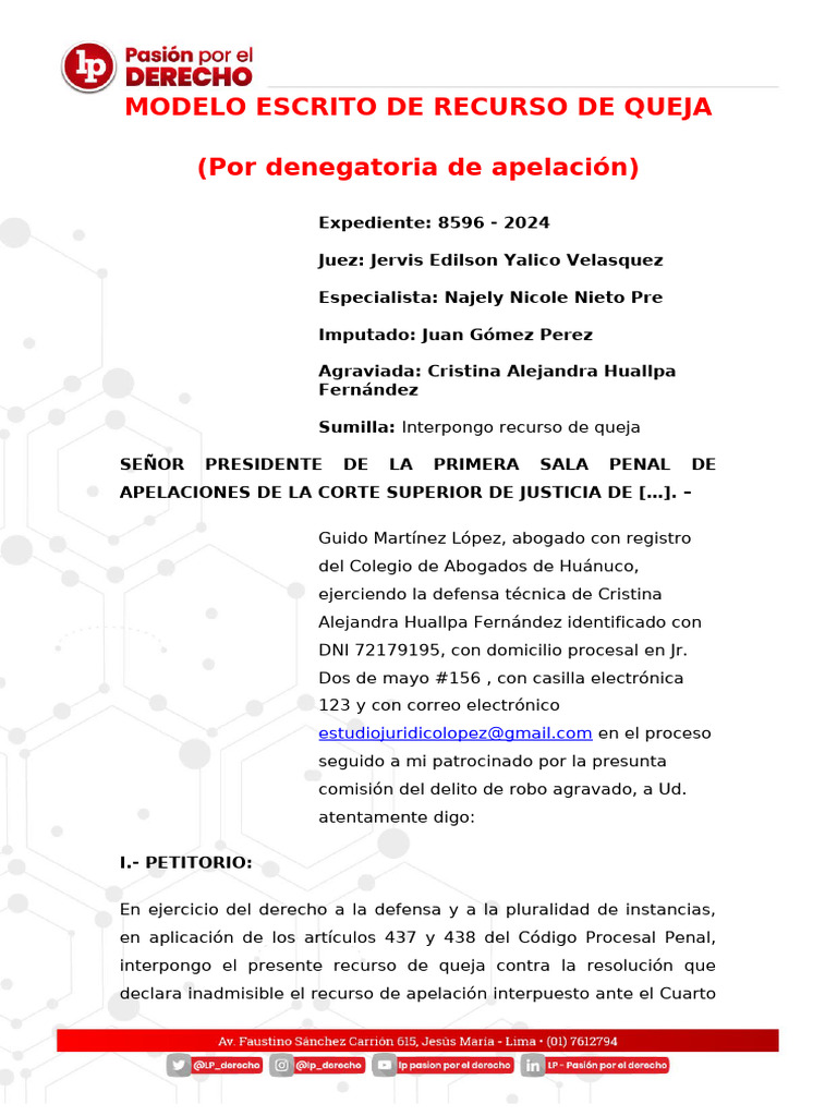 Modelo Recurso de Queja Penal | PDF