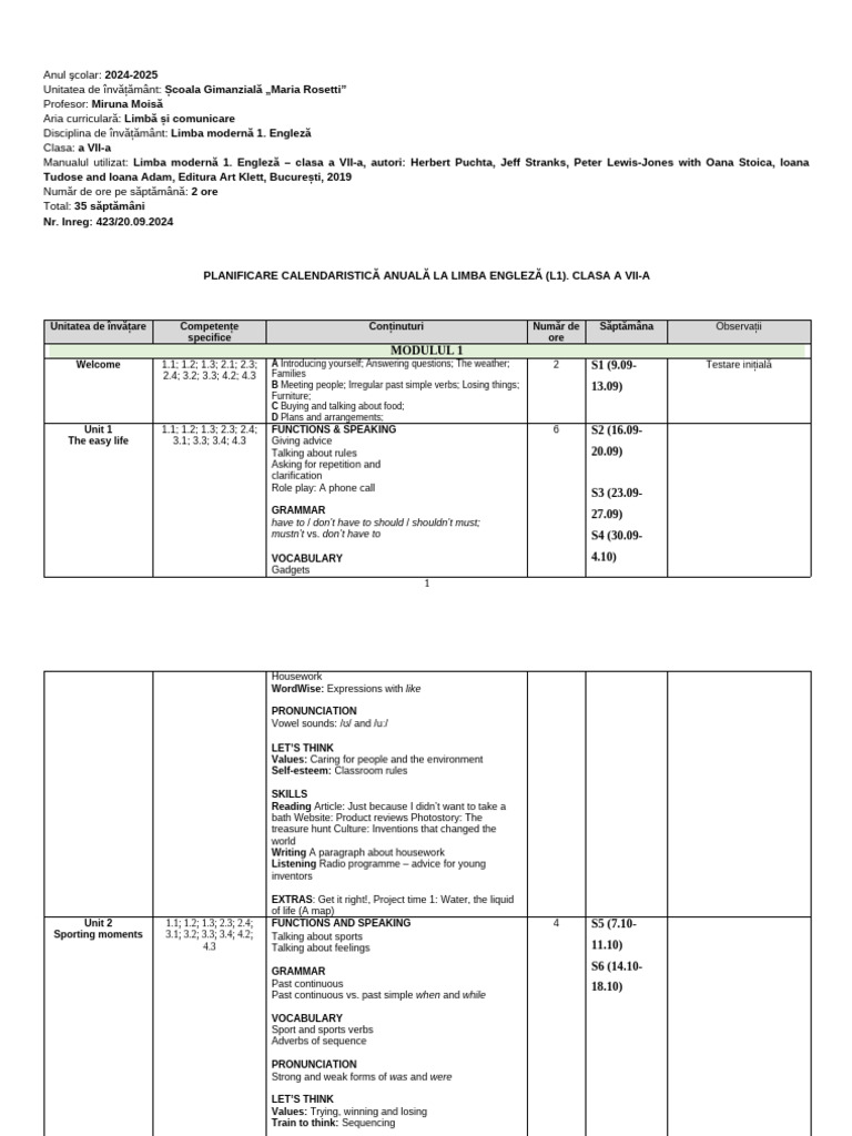 Planificare Cls A 7 A - Art Klett | PDF