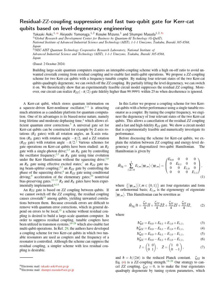 Residual - Coupling Suppression and Fast Two-Qubit Gate For Kerr-Cat ...