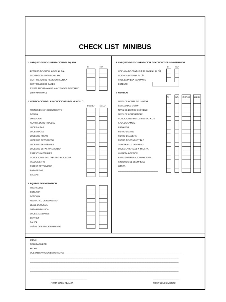 CHECK LIST MINIBUS | PDF