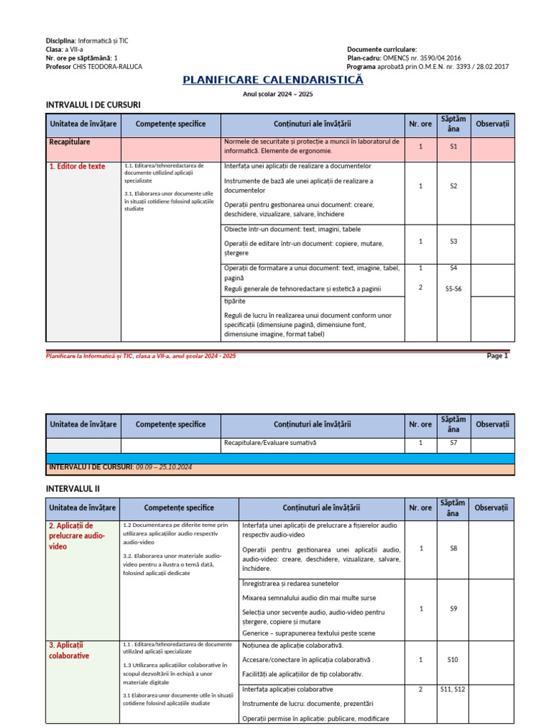 Planificare Informatica Clasa A 7 | PDF