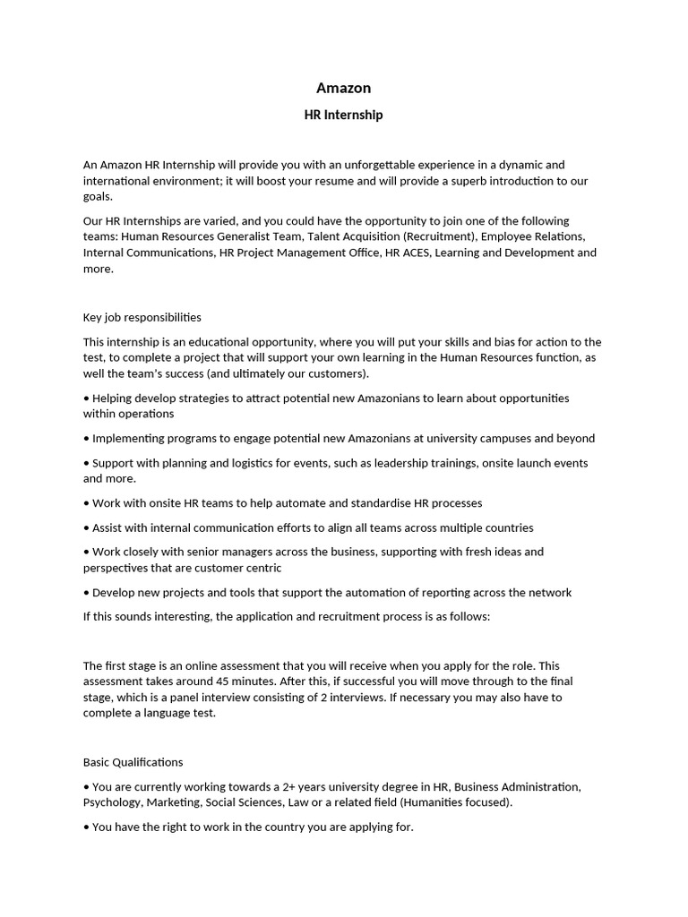 Internship - Amazon - HR | PDF