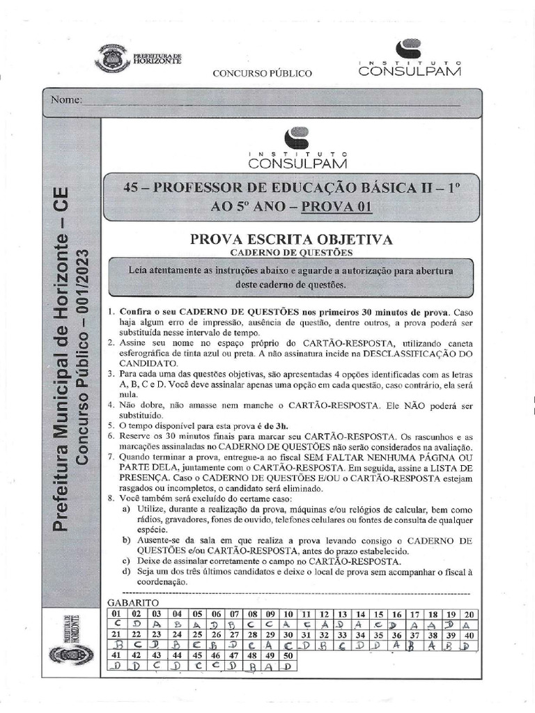 45 Prof Ed Básica 1ao5 Ano Prova 01 | PDF