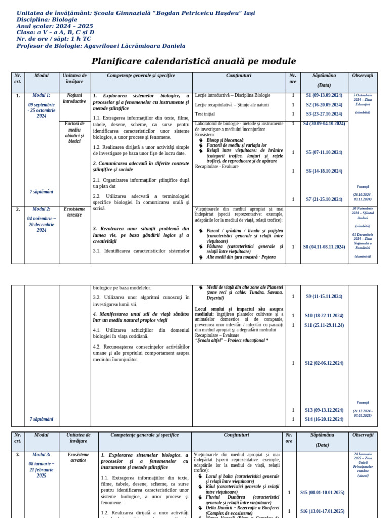 0 Planificare 5 Module Biologie2024 2025 | PDF