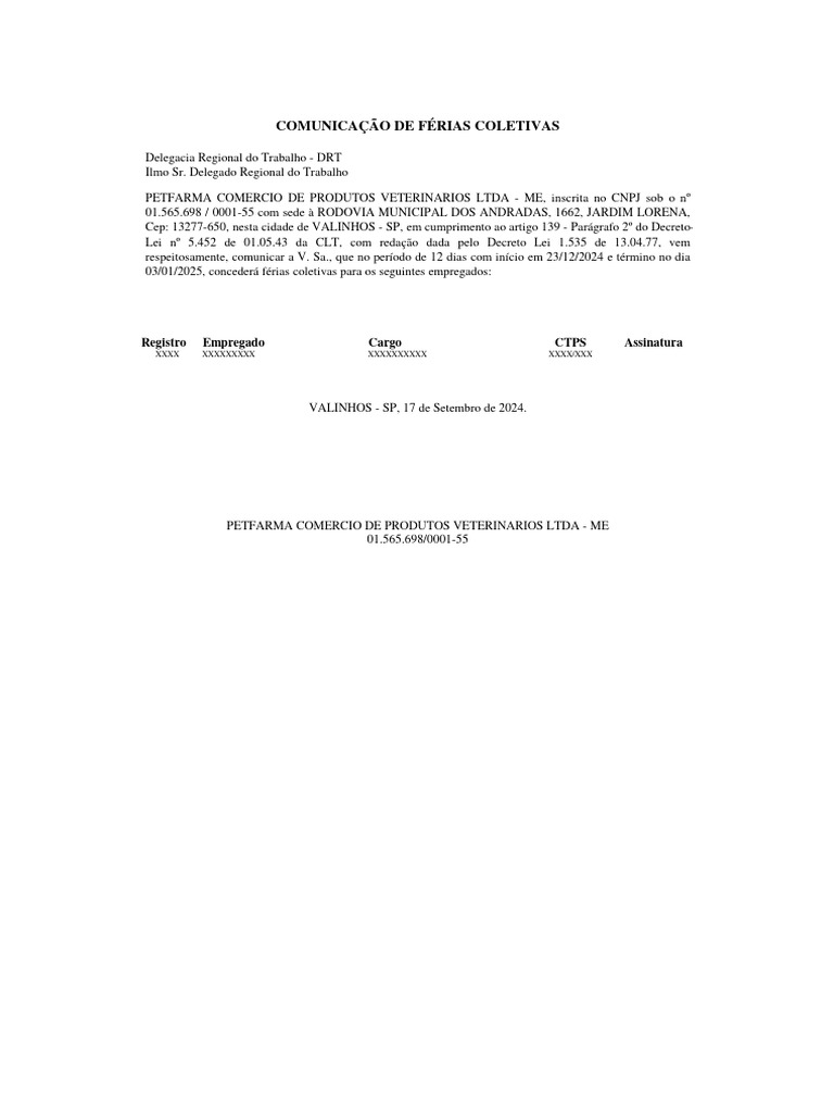 Modelo de Comunicado de Ferias Coletiva MINISTERIO DO TRABALHO | PDF