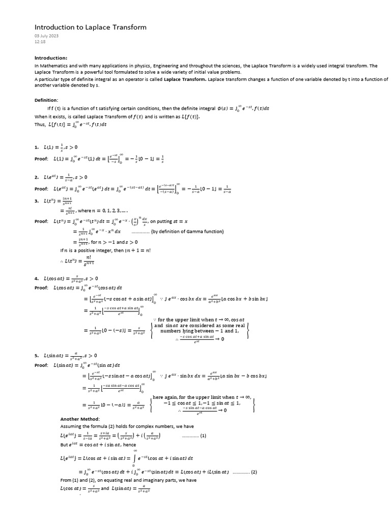 Introduction To Laplace Transform | PDF
