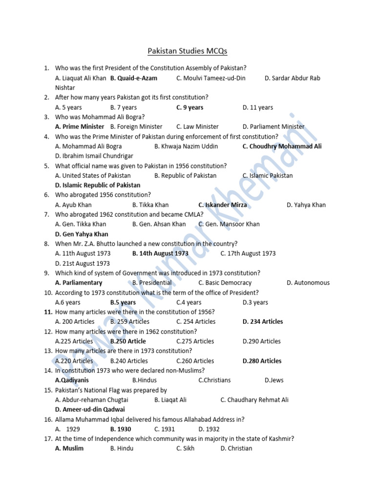 Pak.studies. Mcqs | PDF