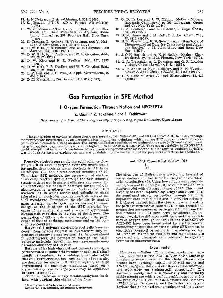 Oxygen Permeation Through Nation and NEOSEPTA | PDF