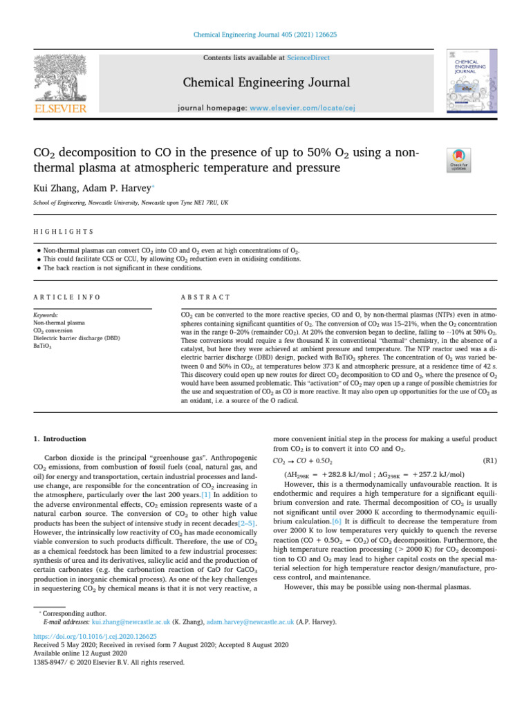 CO2 Decomposition To CO in The Presence of Up To 50% O2 Using A Non ...