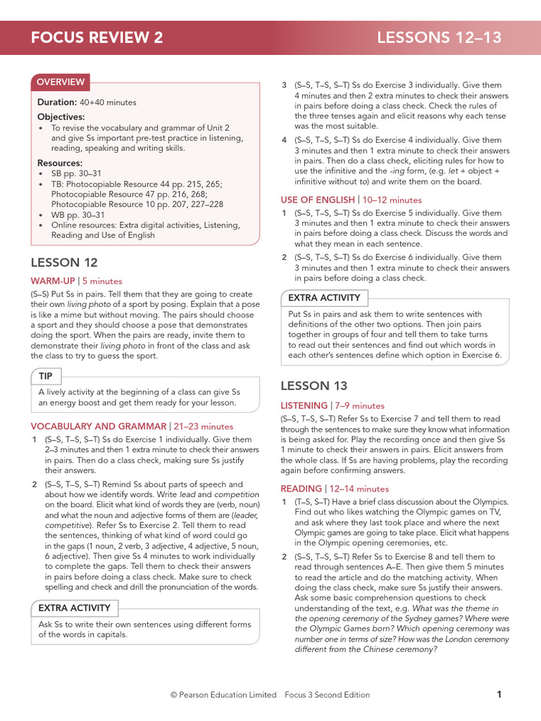 Focus3_2E_LessonPlans_U02_Lesson12_13_Review | PDF