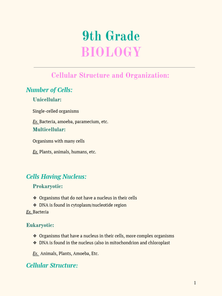 Grade 9-Biology-Cellular Structure and Organization | PDF | Cell ...