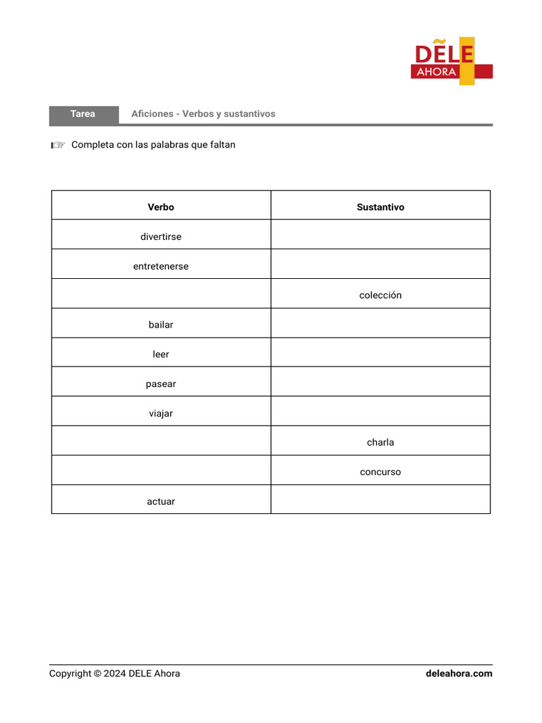 Aficiones Verbos y Sustantivos | PDF