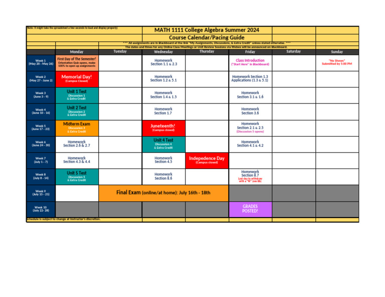 MATH 1111 Online Pacing Guide - Summer 2024 | PDF
