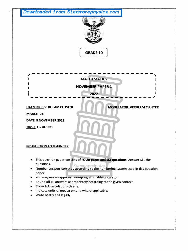 Maths Grade 10 November 2022 P1 and Memo | PDF