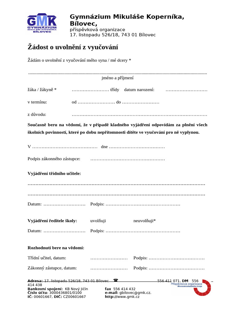 Zadost o Uvolneni Z Vyucovani 2018 | PDF