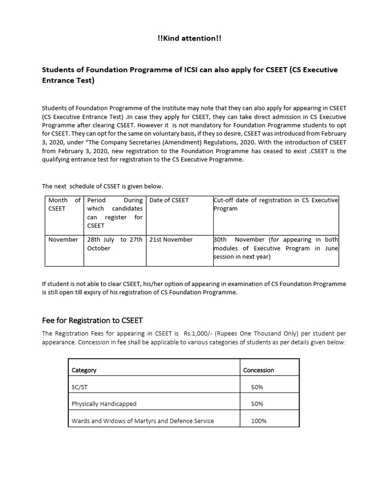 Students of Foundation Programme Can Also Apply For Cseet | PDF