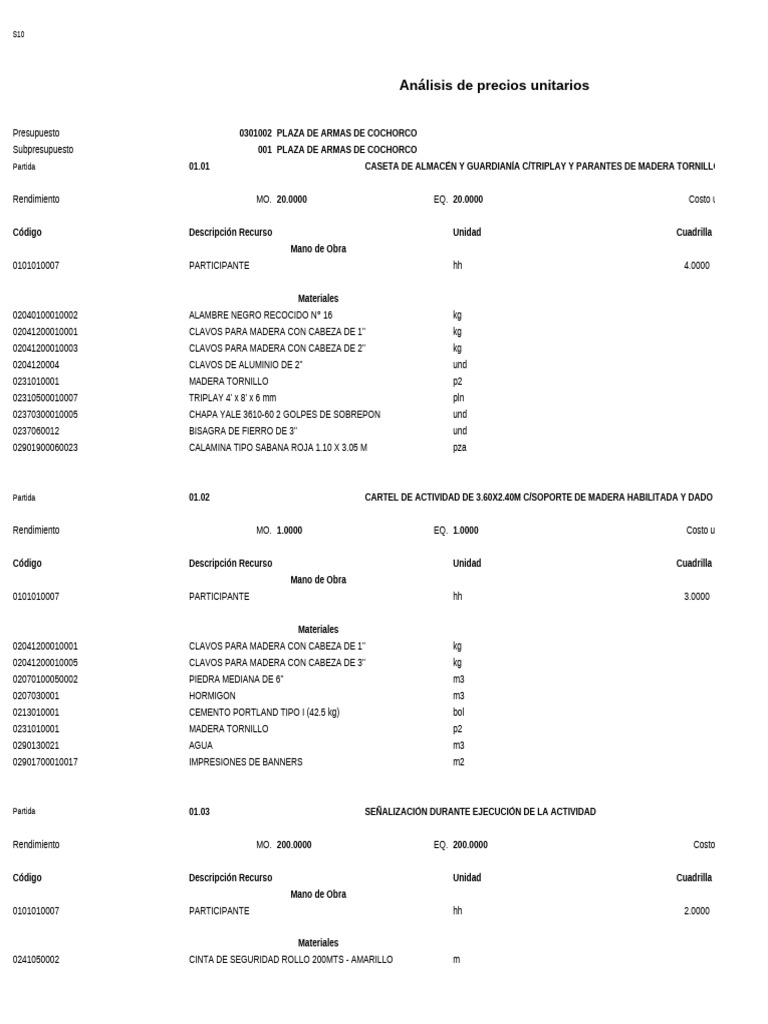 Costos Unitarios Fi11 | PDF