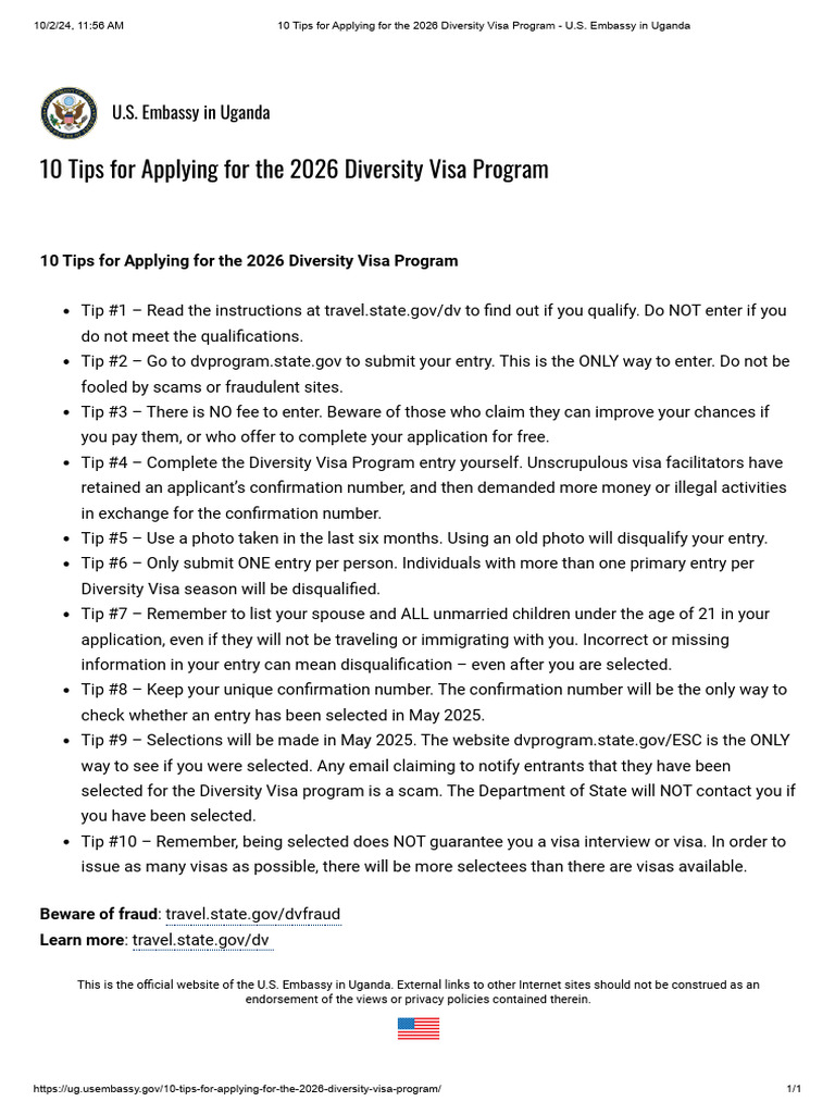 10 Tips for Applying for the 2026 Diversity Visa Program - U.S. Embassy in Uganda | PDF