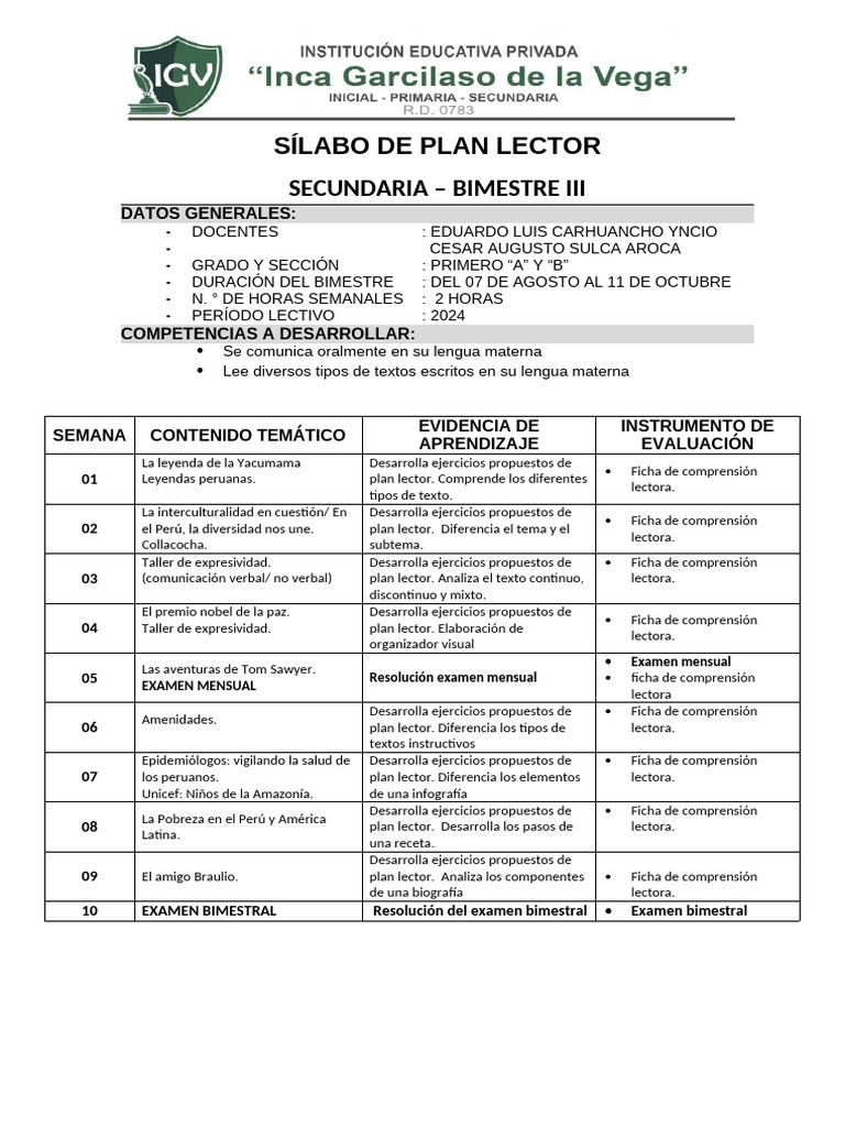 Sílabo Plan Lector 1° A y B de Sec | PDF