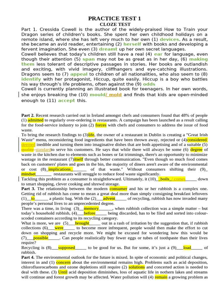 Practice Test 1 - Cloze Test 1-10 | PDF
