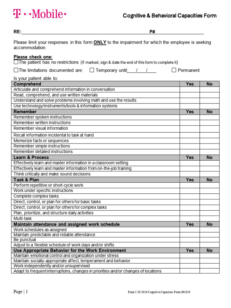 Cognitive Capacities Form 061819 | PDF