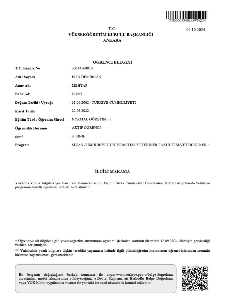 Öğrenci Belgesi Esin | PDF