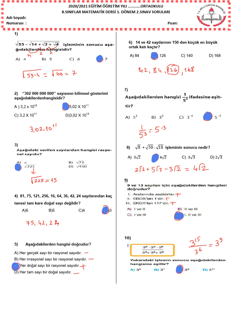 Sinif Matematik 1. Donem 2. Yazili Sorulari Ve Cevaplari | PDF