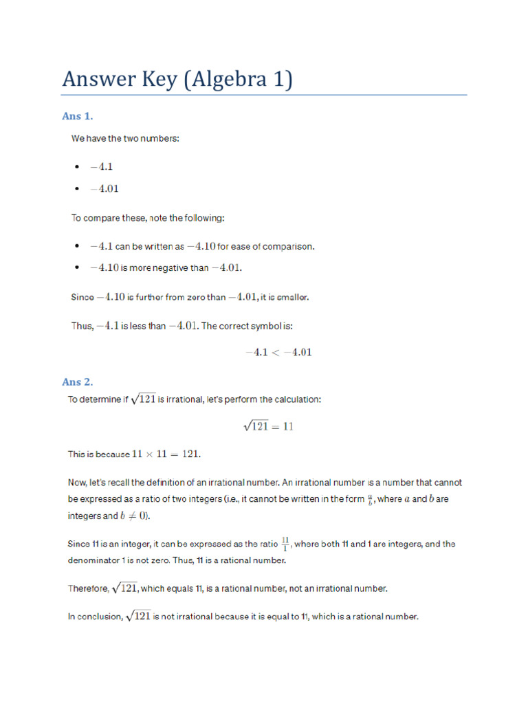 Answer Key (Algebra 1) | PDF