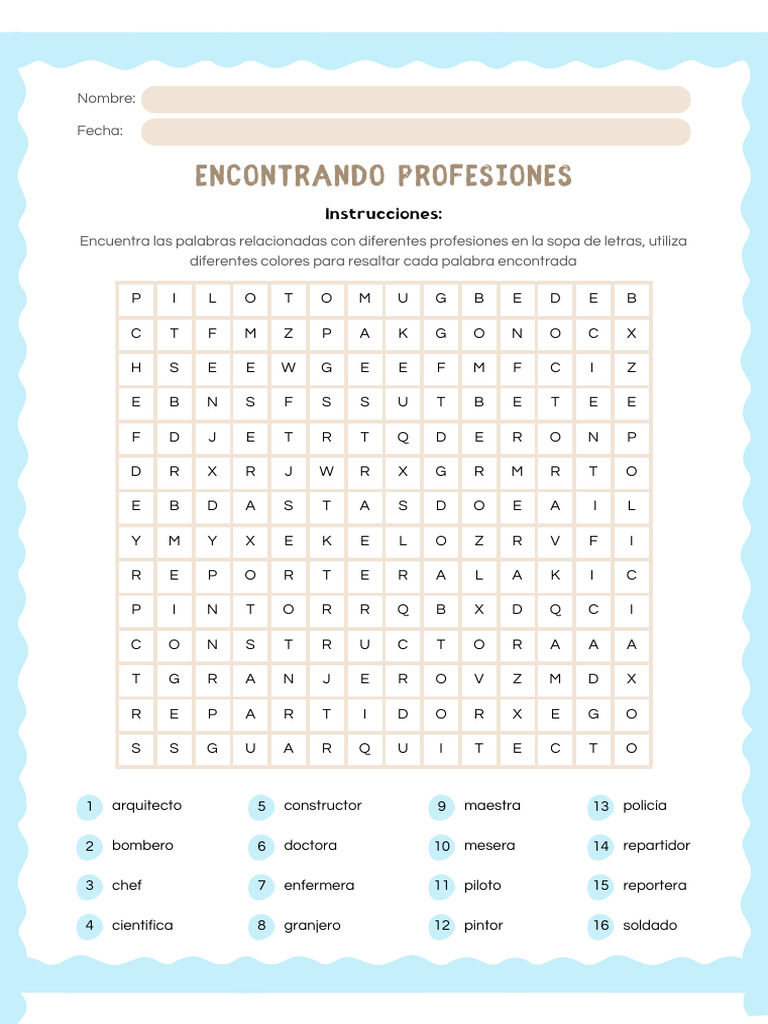 Hoja de Trabajo de Sopa de Letras Profesiones Ilustrado Azul y Cafe | PDF