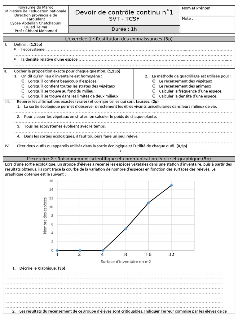 Devoir N1 Semestre 1 SVT Tronc Commun Sciences Word Modele - 2 | PDF