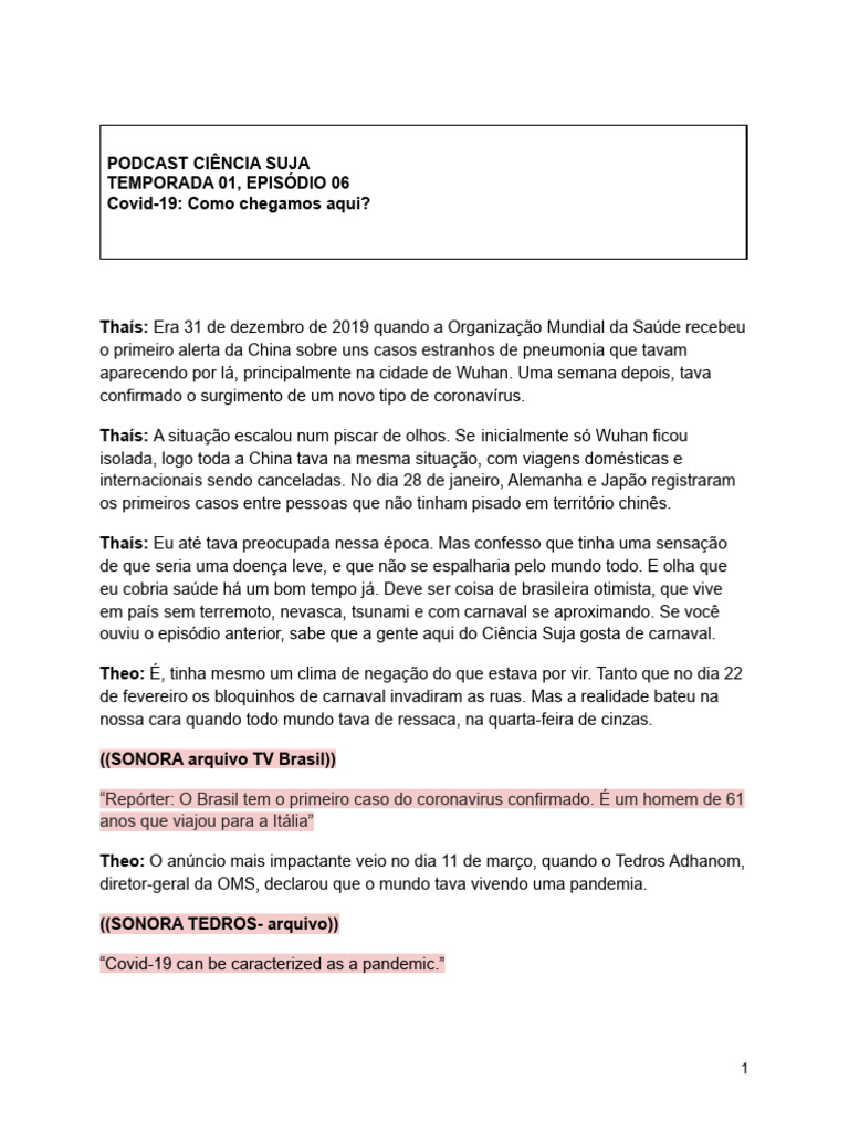 Roteiro Final T01E06 - Covid19_ Como Chegamos Aqui | PDF