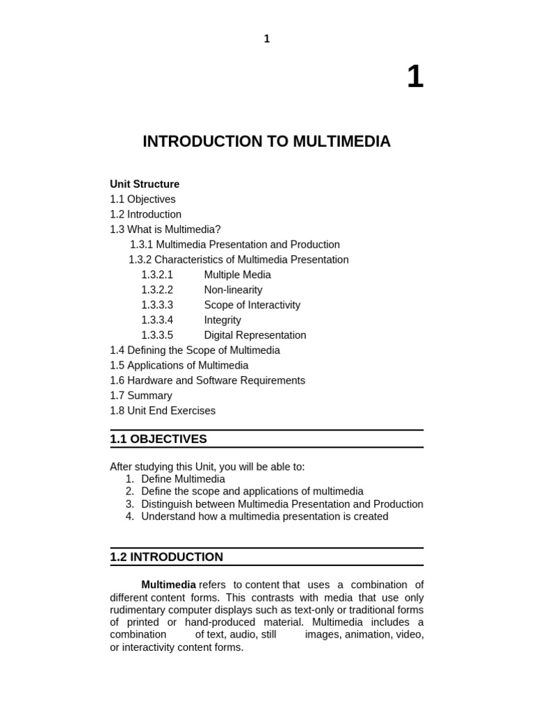 Introduction To Multimedia: 1.1 Objectives | PDF