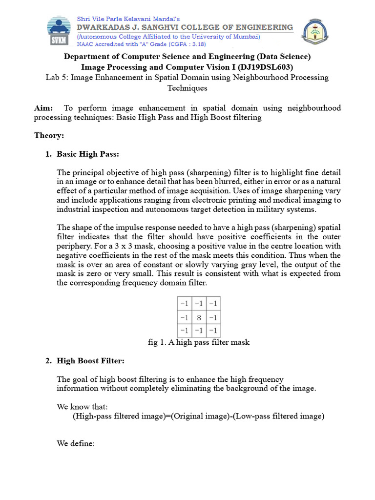 Lab - 6 High Pass and High Boost Filtering | PDF | Digital Signal ...