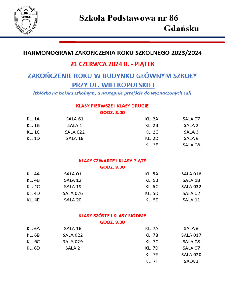 Harmonogram Zakończenia Roku Szkolnego 2023-2024 | PDF