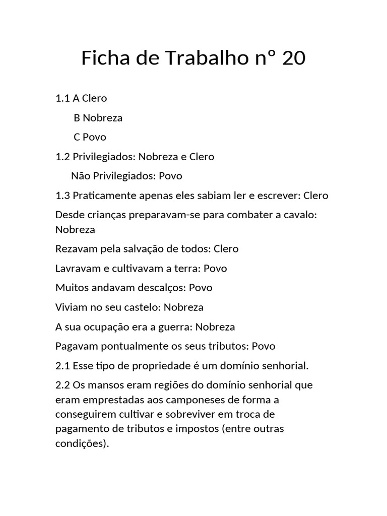 Ficha de Trabalho nº 20 | PDF