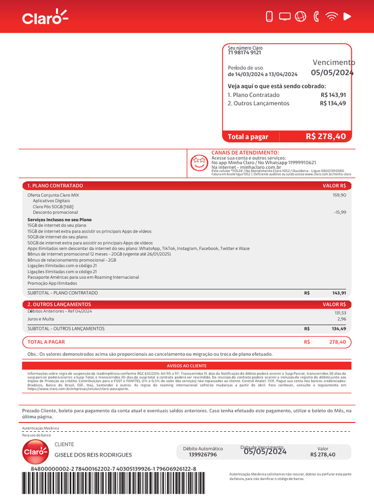 Fatura Claro 86586631599 | PDF