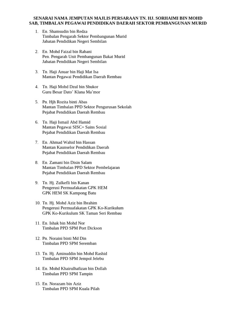 Senarai Nama Jemputan Majlis Persaraan TN Sorhaimi Bin Mohd Sab | PDF