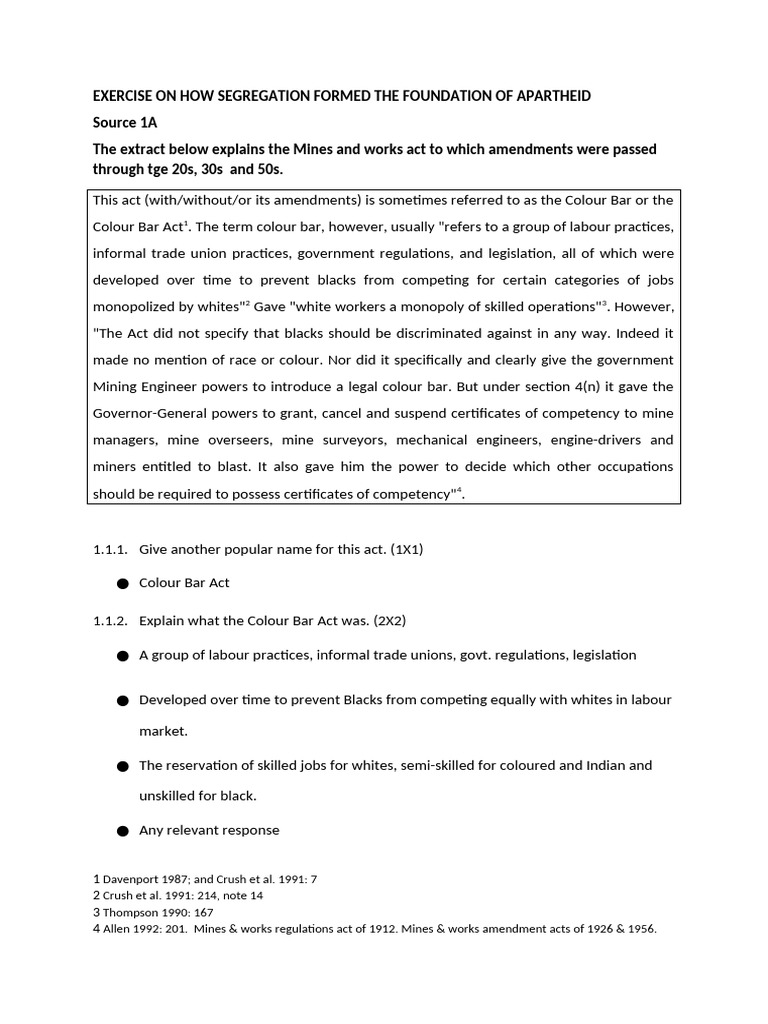 Exercise On How Segregation Formed The Foundation of Apartheid | PDF