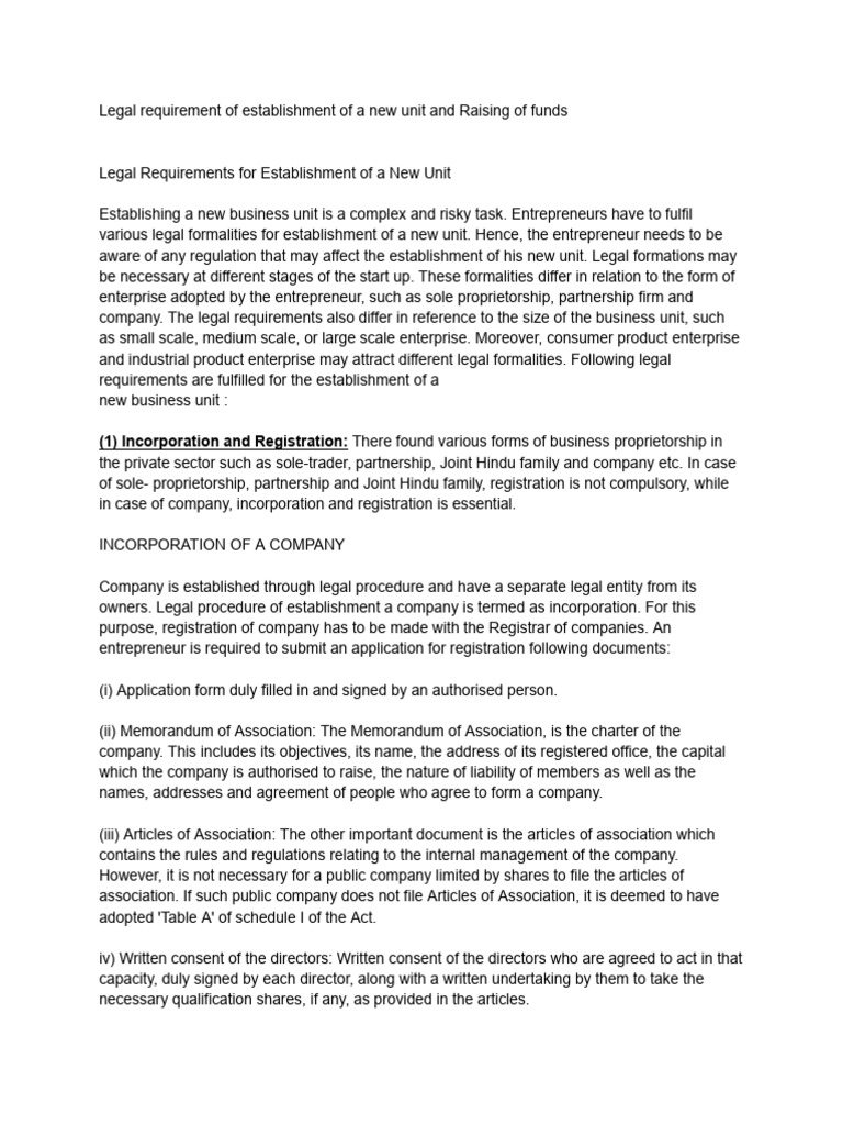 Legal Requirements of Establishment of New Business and Raising Funds | PDF